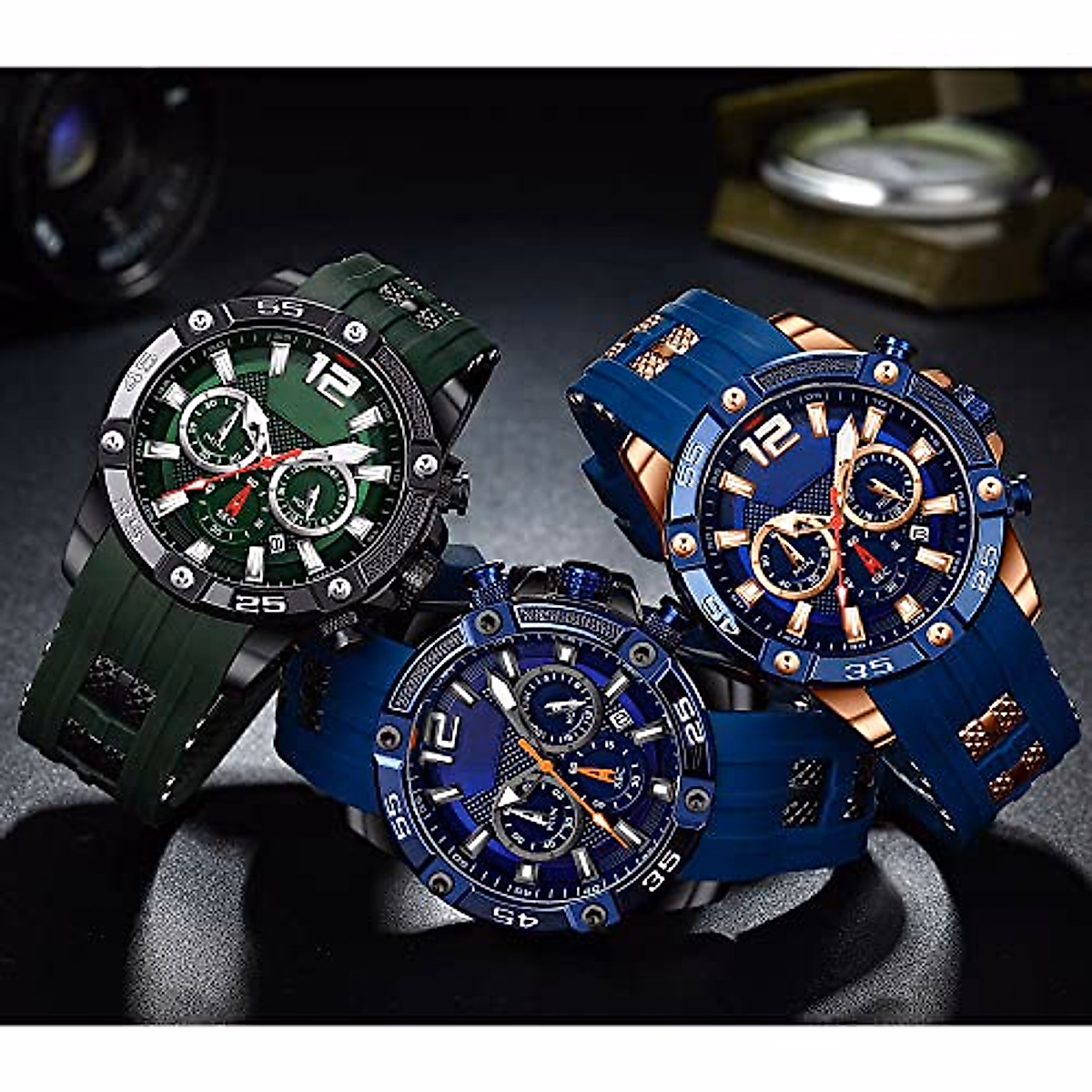 AIMES Mens Watches Sport Military Waterproof Multifunction Chronograph Watch Luminous Blue Silicon Strap Casual Watches for Men Fashion Business Wrist Watch Clock
