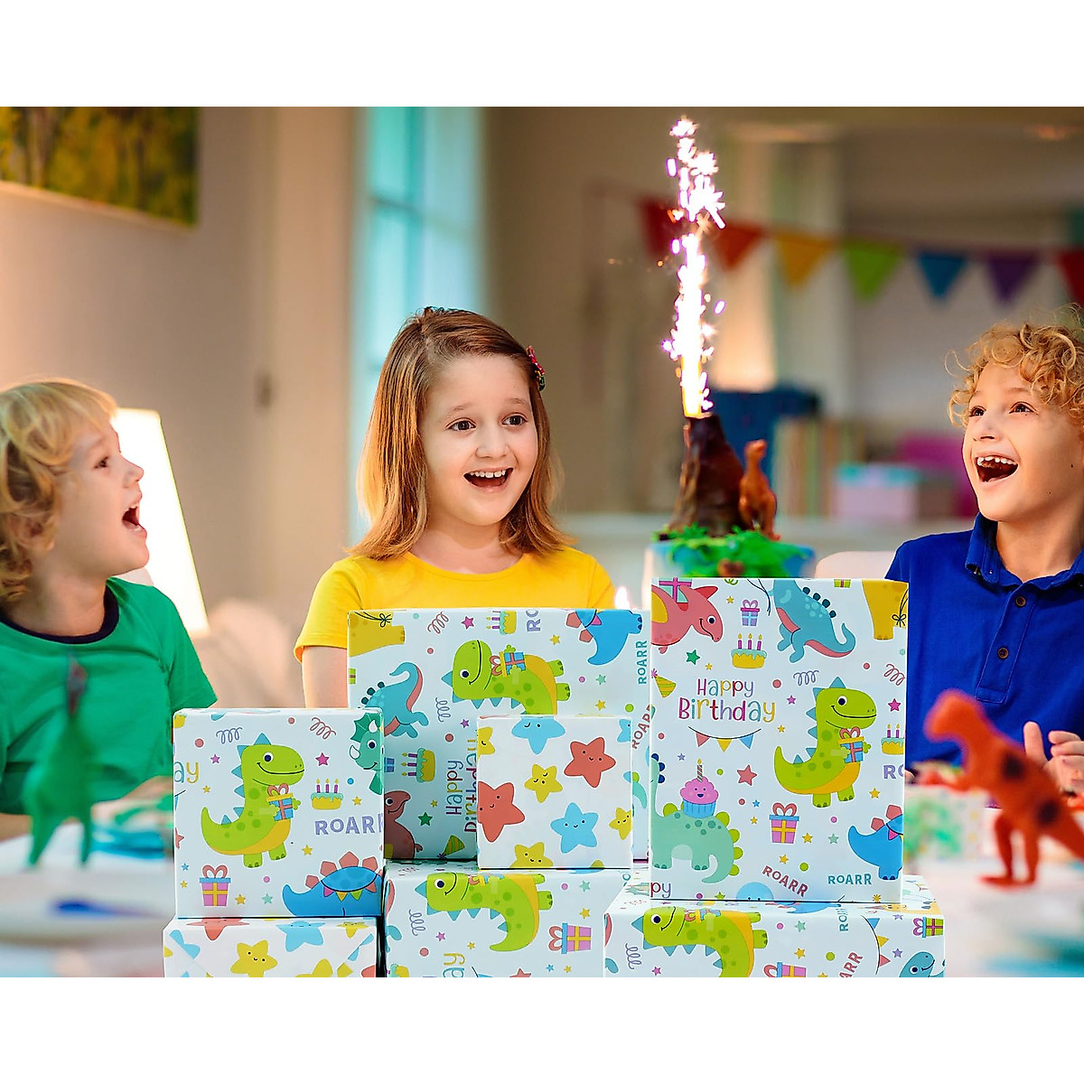 U'COVER Dinosaur Wrapping Paper Rolls Happy Birthday Gift Wrapping Paper Roll for Kids Boys Girls Baby Reversible Gift Wrap Dinosaur Star for Bday Party (DINOSAUR)