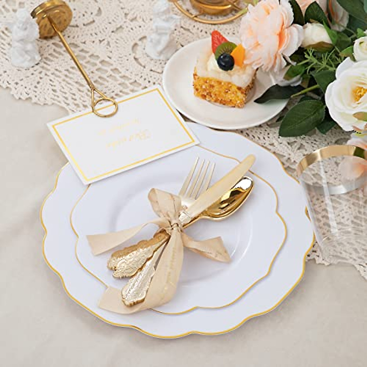 BUCLA 180 Gold Plastic Plates with Disposable Plastic Silverware include 30 Dinner Plates, 30 Salad Plates, 30 Forks, 30 Knives, 30 Spoons,30Cups for Wedding and Thanksgiving Party