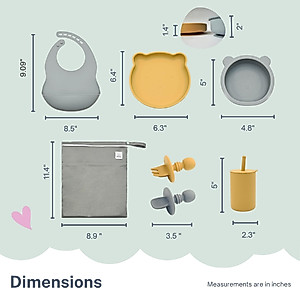 Baby Feeding Set with Reusable Wet Bag in Gift Box, Silicone Baby Led Weaning Supplies, Suction Baby Plate and Bowl Set, Food Grade Bib, Spoon, Fork, Sippy Cup, Bowl and Plate - 100% BPA Free!