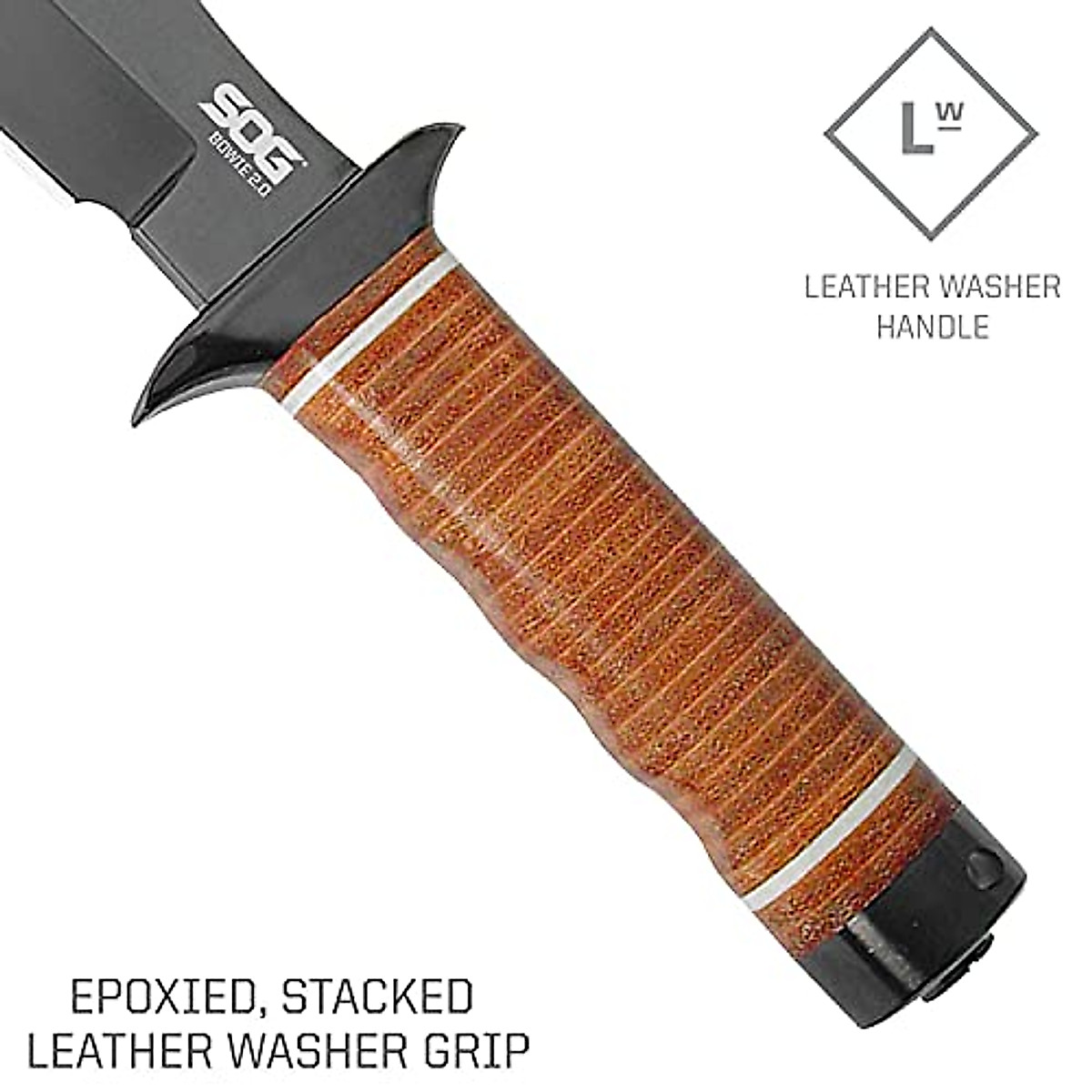 SOG Bowie 2.0 Fixed Blade Knife-Tactical Knife with 6.4 Inch Blade, Hunting Knife with Hard Case TiNi Coating and AUS-8 Steel, Leather Knife Sheath (S1T-L),Brown