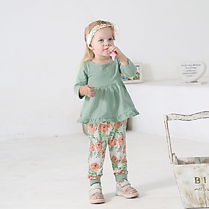 Kulcerry Toddler Baby Girl Clothes Solid Color Long Sleeve Ruffle Tops Floral Pants Headband Outfits Set (12-18 Months, Green