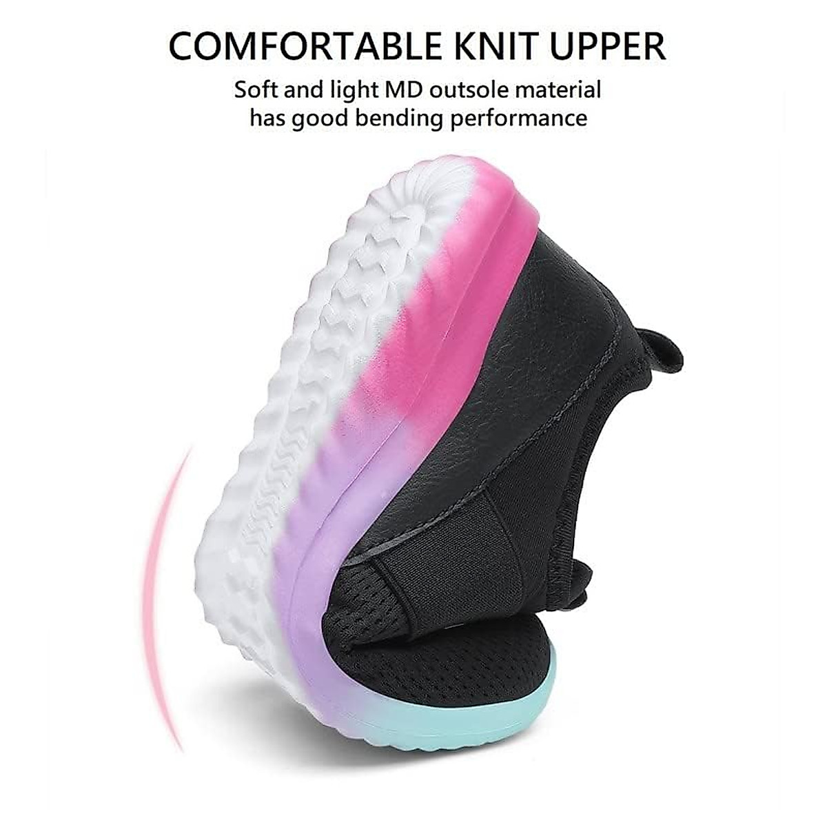 GEERX CARA Girls Slip On Athletic Sneaker Lightweight Sport Walking Running Tennis Shoe (Toddler/Little Kid/Big Kid) Black Rainbow Size 2