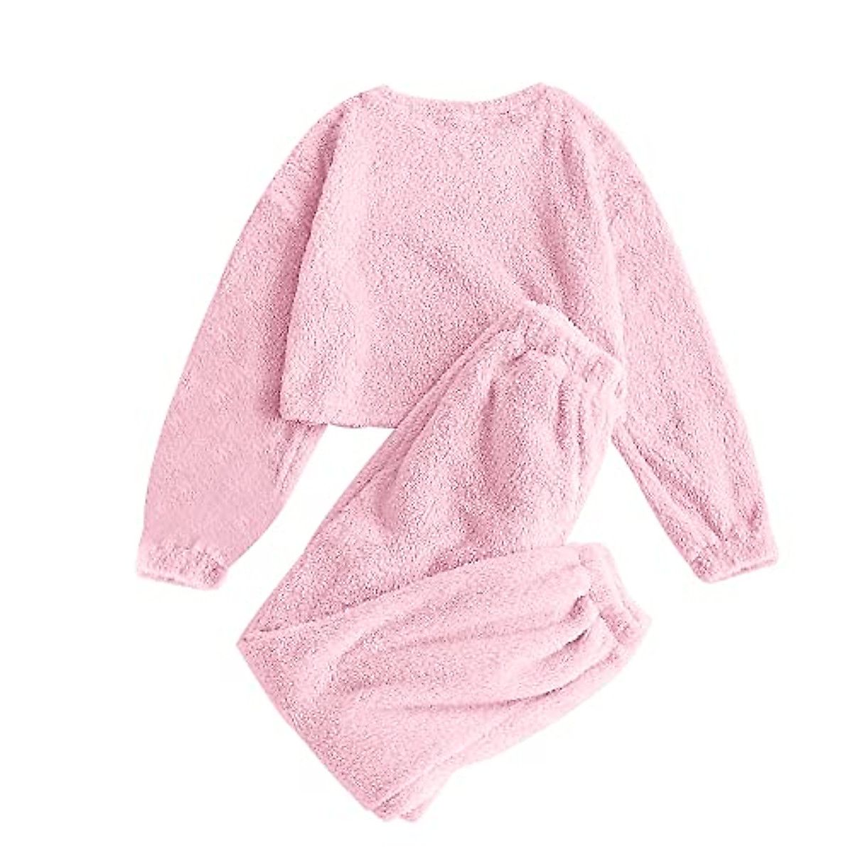 ZAFUL Women's Fuzzy Lounge Casual Pajamas Sets Long Sleeve Fleece Pullover and Pants Set 2 Piece Fluffy Loungewear Sleepwear Pink