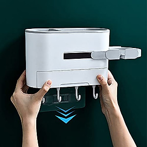 AFULILI Wall Mounted Bathroom Storage Rack, Punch-Free Bathroom Organizers with Hair Dryer Holder, Multi-Functional Hair Styling Tool Organizer, Storage Rack with Drawer Plug Holder & 4 Hooks (Black)