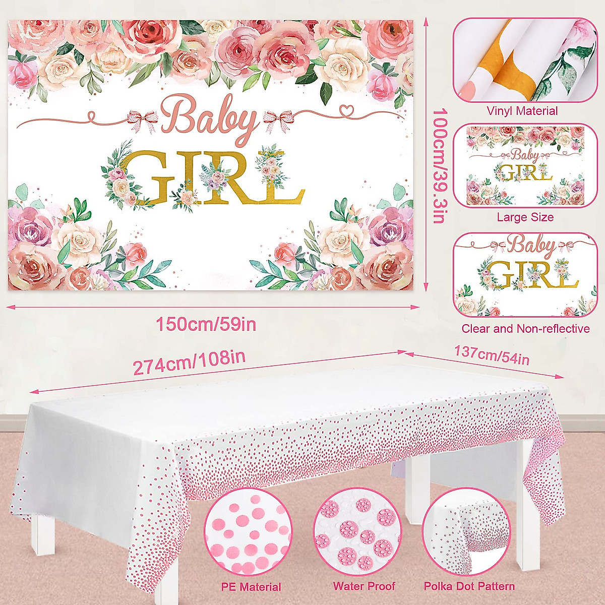 Winrayk 145Pcs Baby Shower Decorations for Girl Baby Boxes with Letters (Baby Girl+A-Z) & Rose Gold Pink Balloon Arch & Backdrop Tablecloth & Bowtie Heart Balloon Princess Girl Baby Shower Decorations