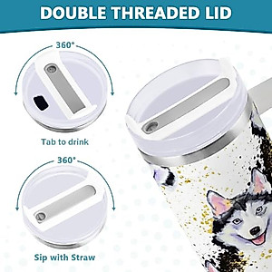 RPLIFE Watercolor Kawaii Husky Dog Tumbler with Handle, Stainless Steel Coffee Mug, Tumbler with Straw