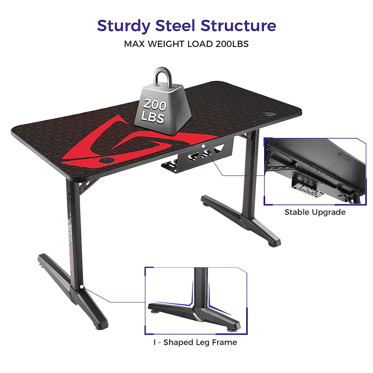 It's_Organized 47 inch Gaming Desk Racing Style Computer Desk with Free Mouse pad, T-Shaped Professional Gamer Game Station with USB Gaming Handle Rack, Cup Holder & Headphone Hook,Black