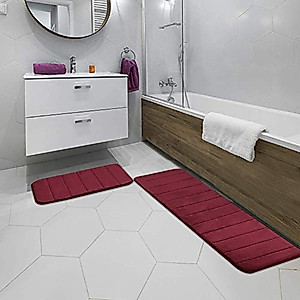 AOACreations Memory Foam Bath Rug, Long Runner Bathroom Mat Set of 2, Soft, Plush, Absorbent, Low Pile, 1 Runner 47" x 15.5", 1 Small 24" x 15.5" (2PC Runner Set, Burgundy)