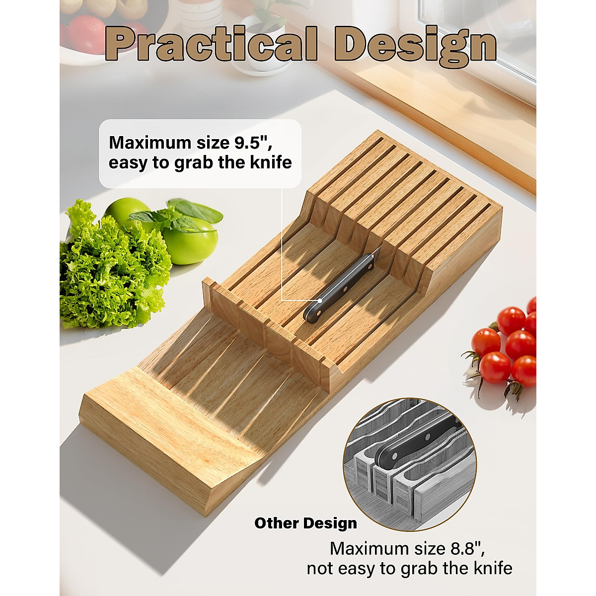 Cook N Home In-Drawer Knife Block Organizer, 9-Slot Kitchen Knife Cutlery Holder Drawer Storage, Holds up to 9 Knives (Not Included)