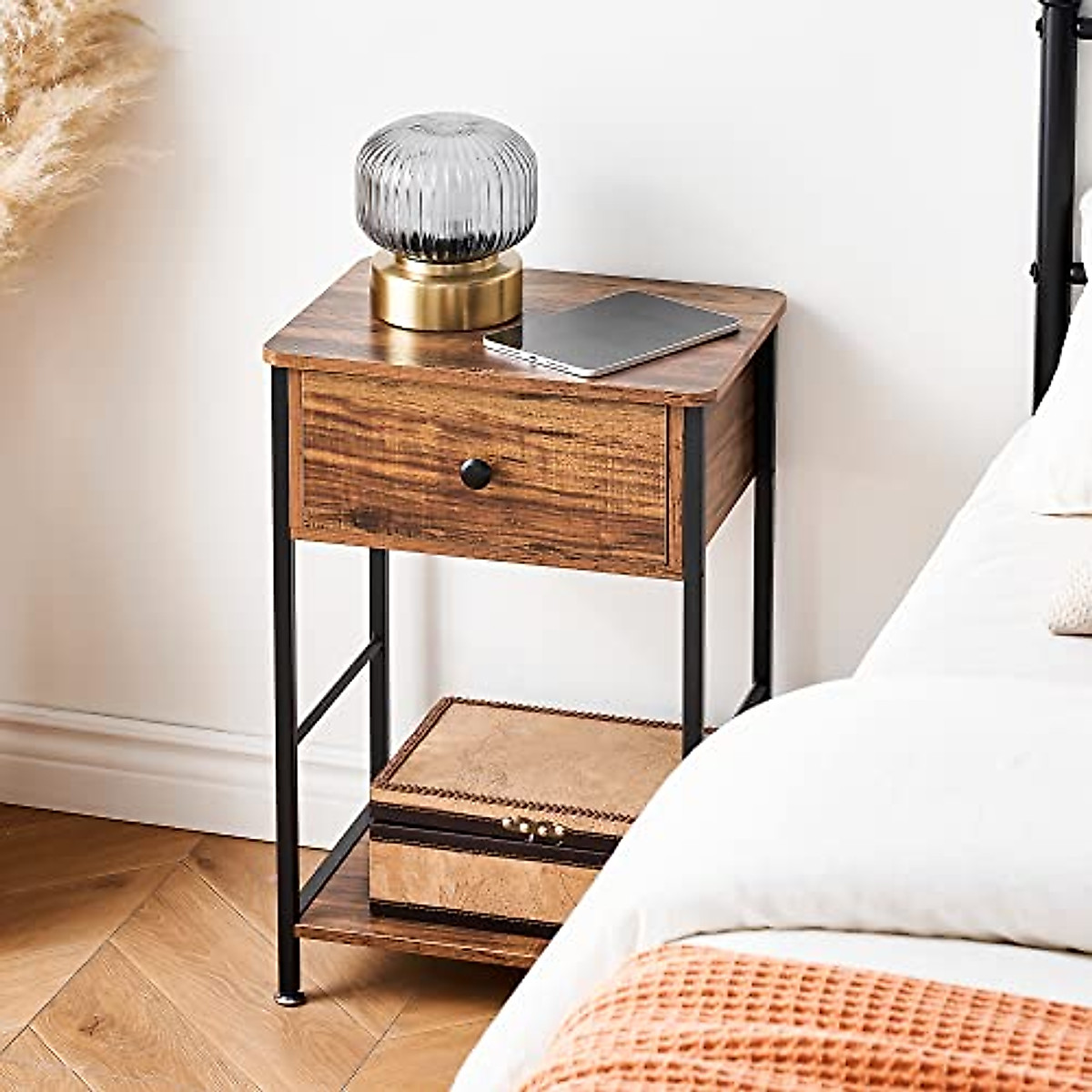 SunnyFurn Nightstand with 2 Tier Storage Shelf,Bedside Table for Living Room and Bedroom,Easy to Install Side Table,End Table with Drawer Shelves for Small Space,Set of 2 Brown