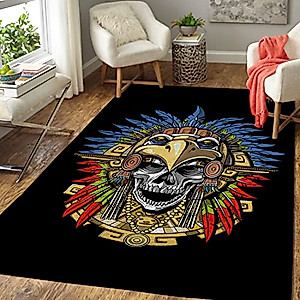 LINDENPAL Aztec Skull Warrior, Aztec Eagle Mask Headdress, Aztec Mythology, Mayan Civilization, Native Mexican Large Rug: 5x8 Feet Area Rugs