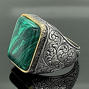 Malachite Gemstone Ring, Men Handmade Ring, Turkısh Handmade Ring, Embroidered Ring, Ottoman Jewelry