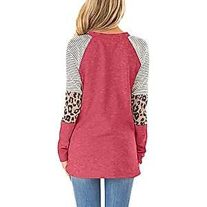 Womens Tees Long Sleeve Women's Top Fall and Winter Leopard Stripe Color Matching Printed Round Neck Shirt Casual Sexy Tunic Watermelon Red M