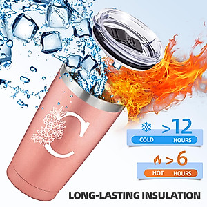 Leraverppy Personalized 20oz with Initial Stainless Steel Coffee，Leak Proof Rose Gold Tumbler with Lid And Straw Double Wall Thermal Cups for Hot and Cold Drinks Monogrammed Gifts for Women（C20-C）