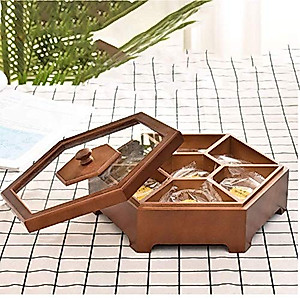 Wooden Dried Fruit Box, Multifunction Snack Storage Container Sectional Tray with Clear Window on the Lid, 7 Compartments Party Serving Platter for Candy/Nut/Sweets Cookies