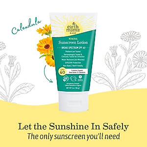 Earth Mama Baby Mineral Sunscreen Lotion SPF 40 | Reef Safe, Non-Nano Zinc, Natural Water Resistant Sun Cream for Babies, Kids & Adults, 3-Ounce