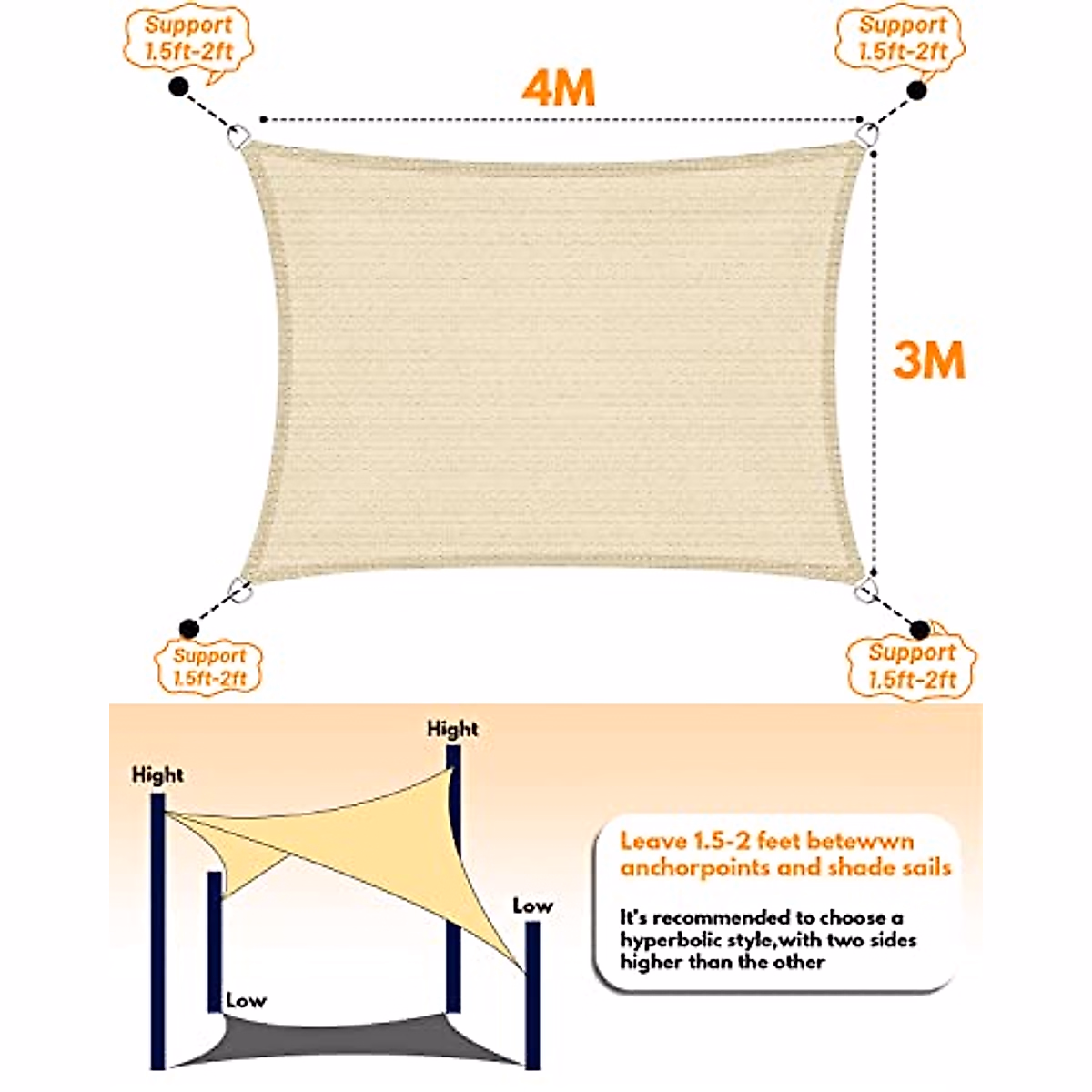 Fuairmee Sun Shade Sail 10' x 13' Beige Rectangle Shade Sail UV Block Fabric Sunshades for Patio Garden Backyard Outdoor Pergola Canopy Cover Sunshade Sails