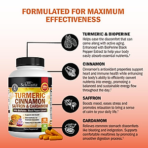 Turmeric Supplement with Saffron, Cinnamon and Cardamom Plus BioPerine Black Pepper Extract for Optimal Absorption, Natural Tumeric Curcumin Joint Support Supplement for Women and Men, 60 Capsules
