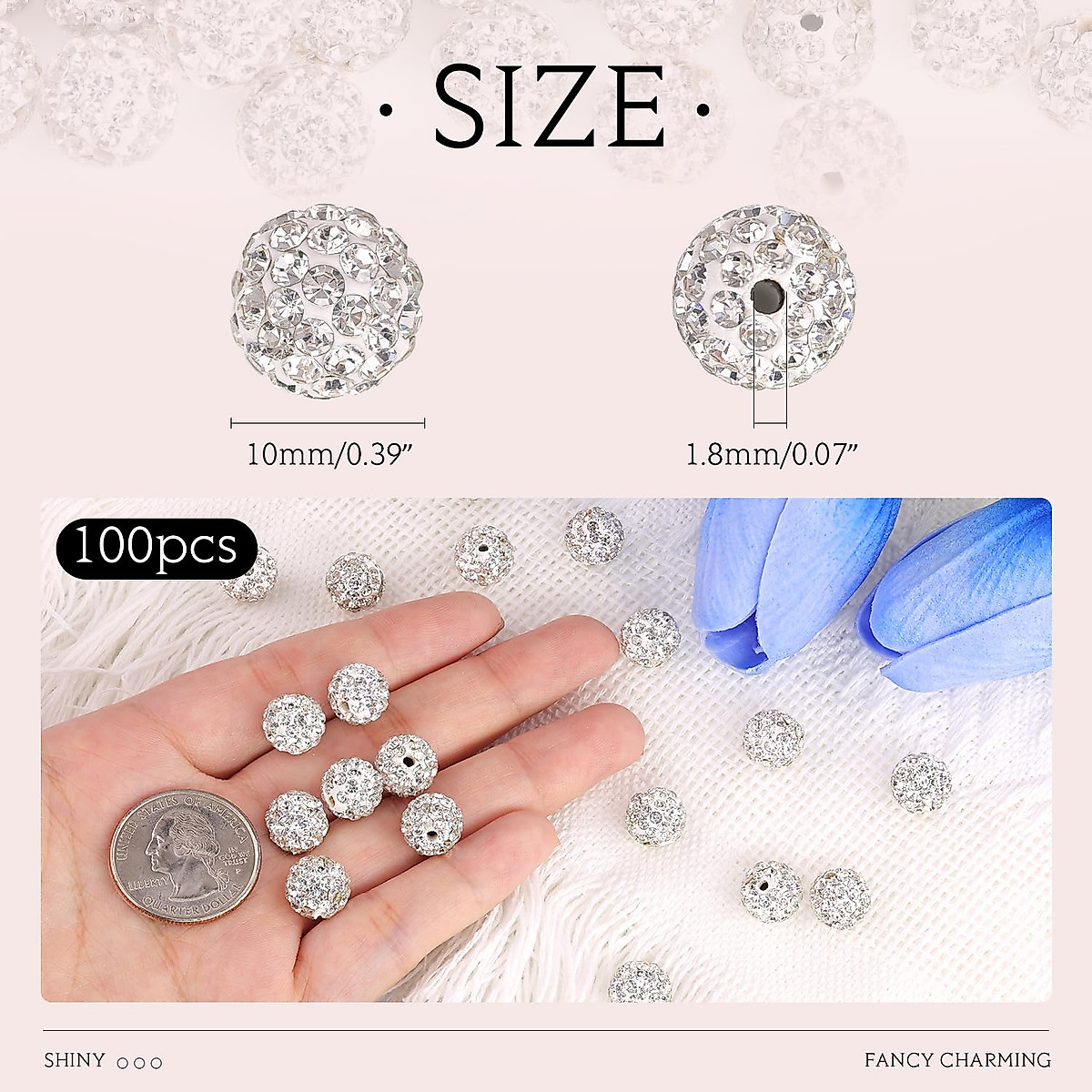 100 pcs 10mm Rhinestone Beads for Jewelry Making, White Shiny Round Shamballa Disco Beads Bulk, Sparkle Crystal Clay Christmas Beads for Bracelet Necklace Earring Crafting and DIY Decoration