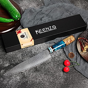 KEENZO Damascus Chef Knife 8 inch, Professional Kitchen Knives set, Sharp High Carbon Stainless Steel Cooking Knife, Ergonomic Blue Resin & Natural Wood Handle with Gift Box for Home & Restaurant
