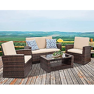 FDW Patio Furniture Sets 4 Piece Rattan Chair Patio Sofas Wicker Sectional Sofa Outdoor Conversation (Brown and Tan)