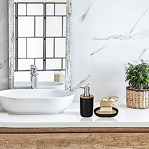 iMucci Bathroom Accessories Set with Trash Can,Toothbrush Holder, Lotion Soap Dispenser, Soap Dish,Tumbler Cup(9Pcs Black Bamboo Cover)