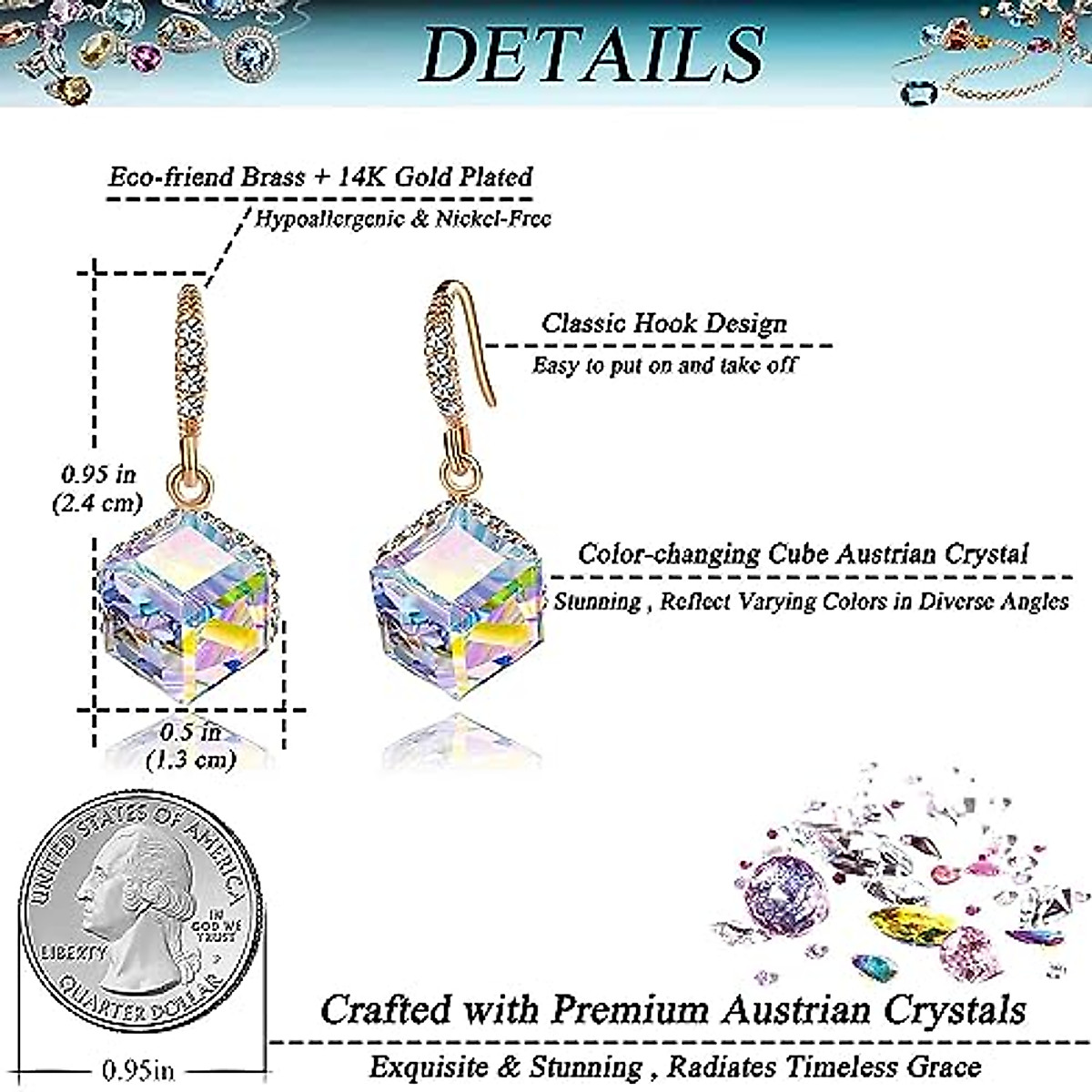 Austrian Crystal Cube Drop Dangle Earrings for Women 14K Gold Plated Hypoallergenic Jewelry (Aurora Borealis)