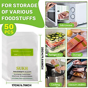 Sukh 50PCS Food Vacuum Bags - Vacuum Seal Bags for Food,Food Sealer Bags,Sealer Bags,Food Saver Vacuum Bags,Food Saver Bag,BPA Free Precut Bags for Vac Storage, Meal Prep and Sous Vide 6.7x9.84 inch