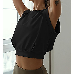 ARRIVE GUIDE Women's Cute Workout Crop Top - Loose Fit Yoga Athletic Tank, Cinched Waist, Cap Sleeve, Cotton, Black M