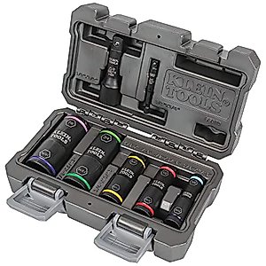 Klein Tools 66070 Impact Socket Set, Impact Driver Flip Socket, Five Sockets with 1/4-Inch Hex and 1/2-Inch Square Socket Adapters, 7-Piece