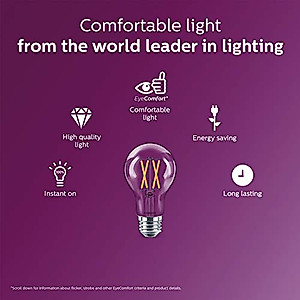 Philips LED Flicker-Free Dimmable Warm Glow Effect A19 Classic Glass Light Bulb, 800 Lumen, 2200-2700K, 8W=60W, E26 Base, Title 20 Certified, 8-Pack