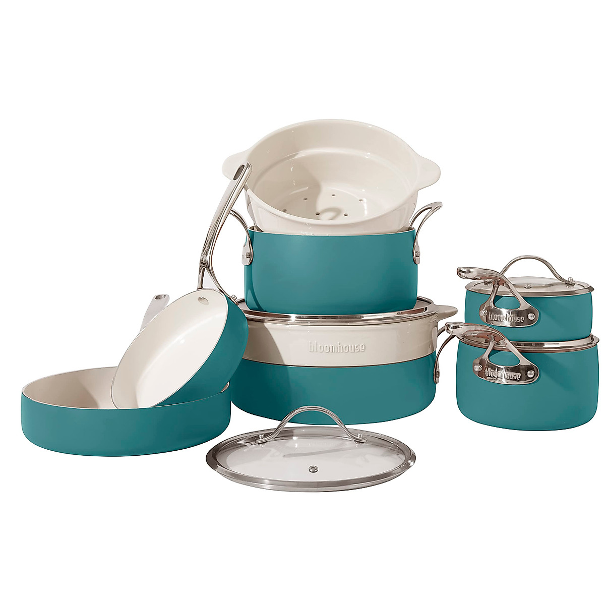 Bloomhouse - Oprah's Favorite Things - 12 Piece Aluminum Pots and Pans Cookware Set w/Non-toxic Ceramic Non-stick, Ceramic Steamer Insert, & 12 Protective Care Bags - Agave Blue