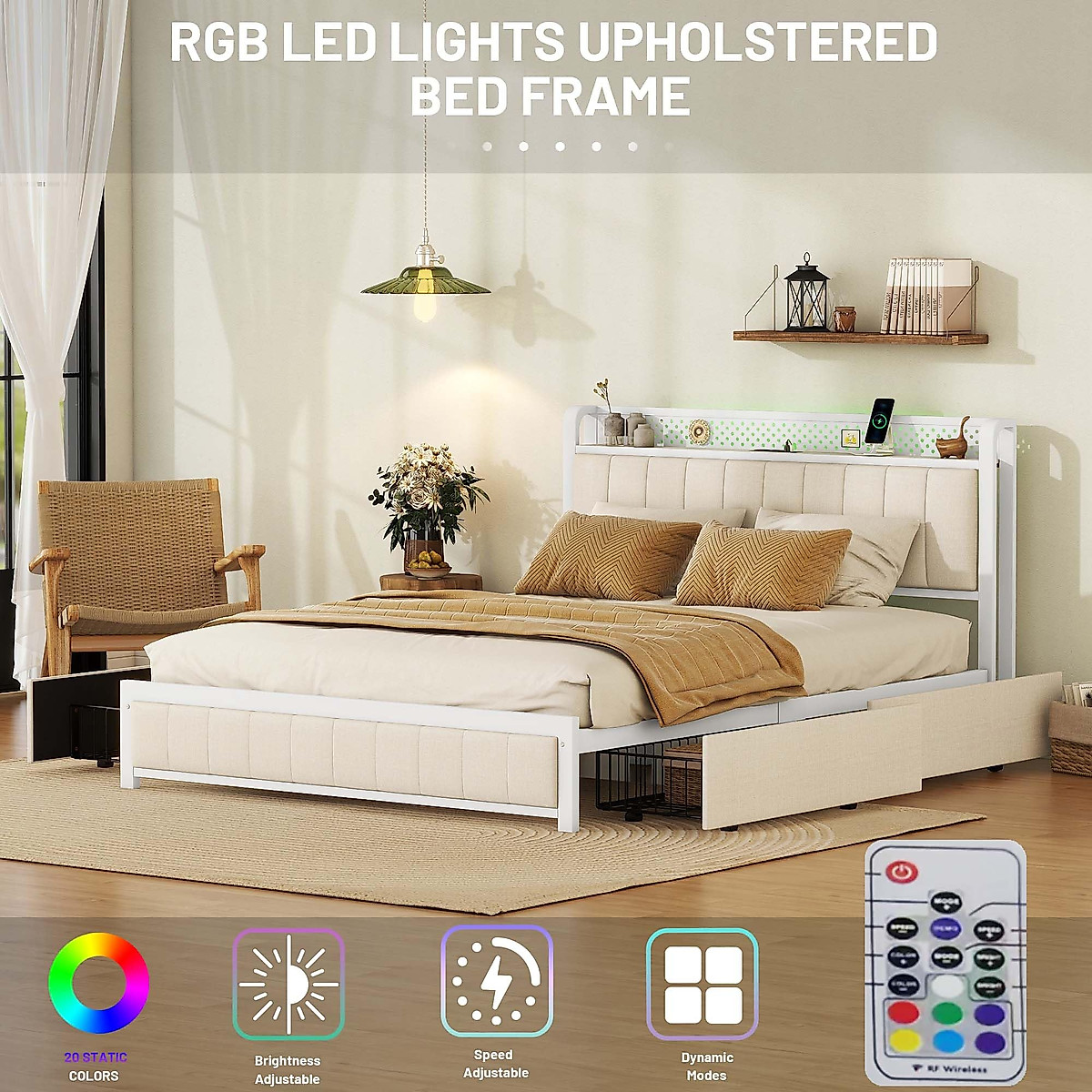 Queen Size Bed Frame with LED Headboard, Metal and Upholstered Platform Bed with Charging Station and 4 Drawers Storage, No Box Spring Needed, Beige