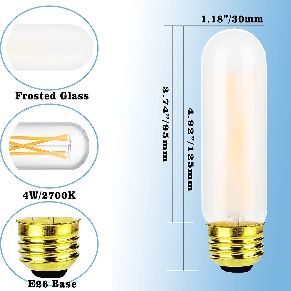 Yaoten T10 Dimmable Led Bulb, Frosted Led Light Bulb, 2W Equal to 25 Watt, 2700K Warm White Tubular Edison Bulb, E26 Base, for Cabinet, Displaying Cabinet, Pack of 3