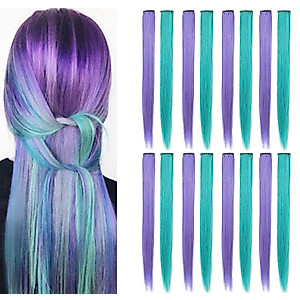 SARARHY Colored Hair Extensions Clip in 21 inch Straight Synthetic Hair Accessories Party Highlights Colorful Hairpieces for Kids Women Girls Wig Pieces 16 Pcs (Teal Lavender)