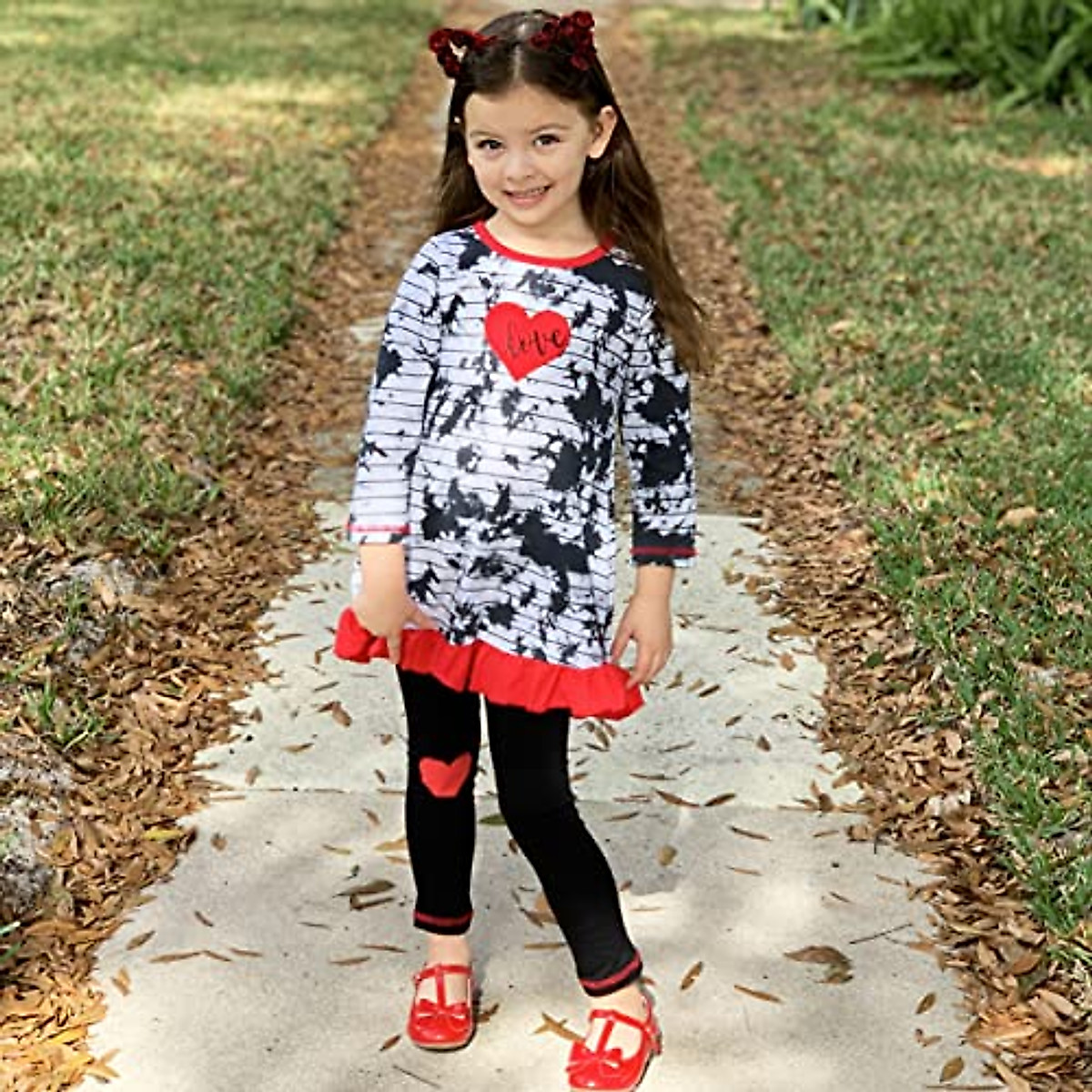 AnnLoren Girls Valentine's Day Heart Tie Dye Outfit Dress and Black Leggings size - 7/8.
