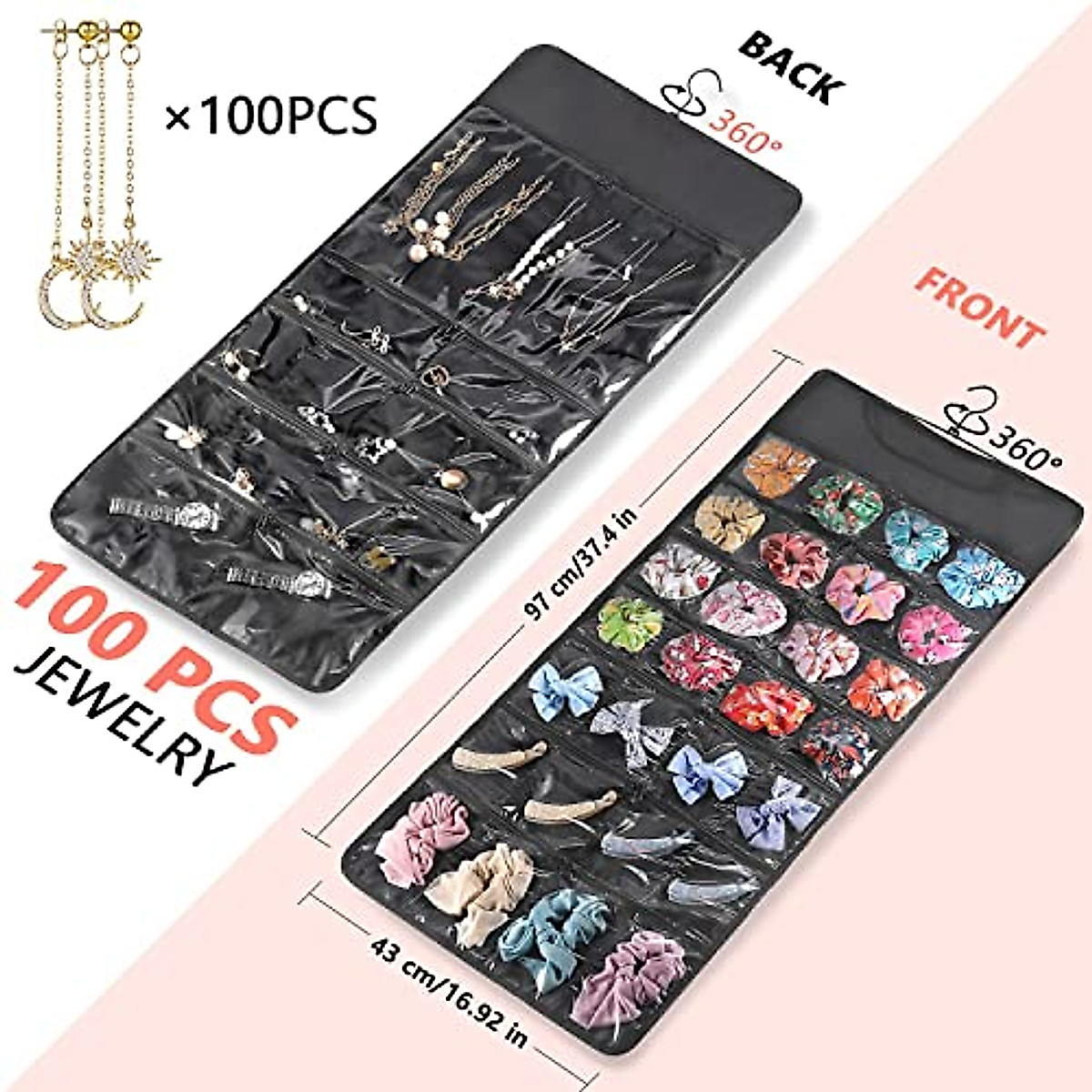 FOREGOER Hanging Jewelry Organizer Double Sided 43 Pockets Large Necklace Earring Accessory Holder Organizer(Black)