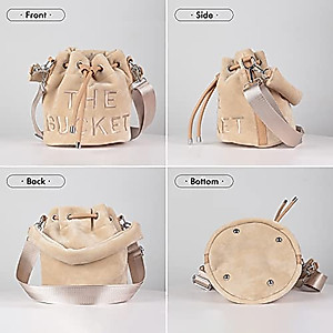 JQAliMOVV Mini Bucket Bag for Women, Purses Soft Plush Crossbody Drawstring Handbags, Hobo Bag (Khaki)
