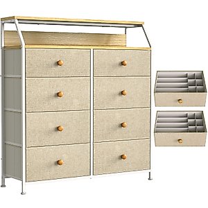 REAHOME 8 Drawer Steel Frame Wood Top Storage Organizer Dresser for Closet, Living Room, and Entryway with 2 Additional Drawer Organizers, Taupe