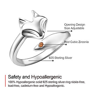 Jewever S925 Sterling Silver Women Fox Tail Open Rings Fine Jewelry Inlaid Red Cubic Zirconia Gift