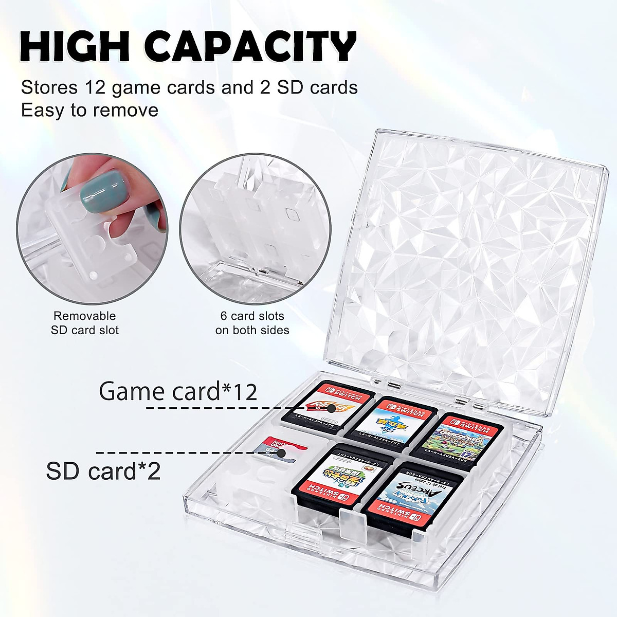DLseego Clear Crystal Game Card Case For Regular Switch / Lite / OLED, 11 Slots Game Cards Holder 2 SD Card Slots, Sparkle Portable Game Card Storage Cartridge Box with 2PCS Diamond Thumb Grips