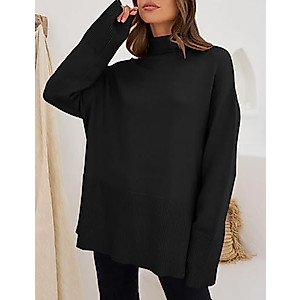 ZESICA Women's Turtleneck Sweaters Fall Winter Long Sleeve Oversized Split Hem Knitted Pullover Jumper Sweater Tops,Black,Large
