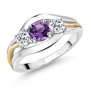 Gem Stone King 925 Sterling Silver and 10K Yellow Gold Round Purple Amethyst and White Topaz 3 Stone Ring For Women (1.14 Cttw, Available In Size 5, 6, 7, 8, 9)