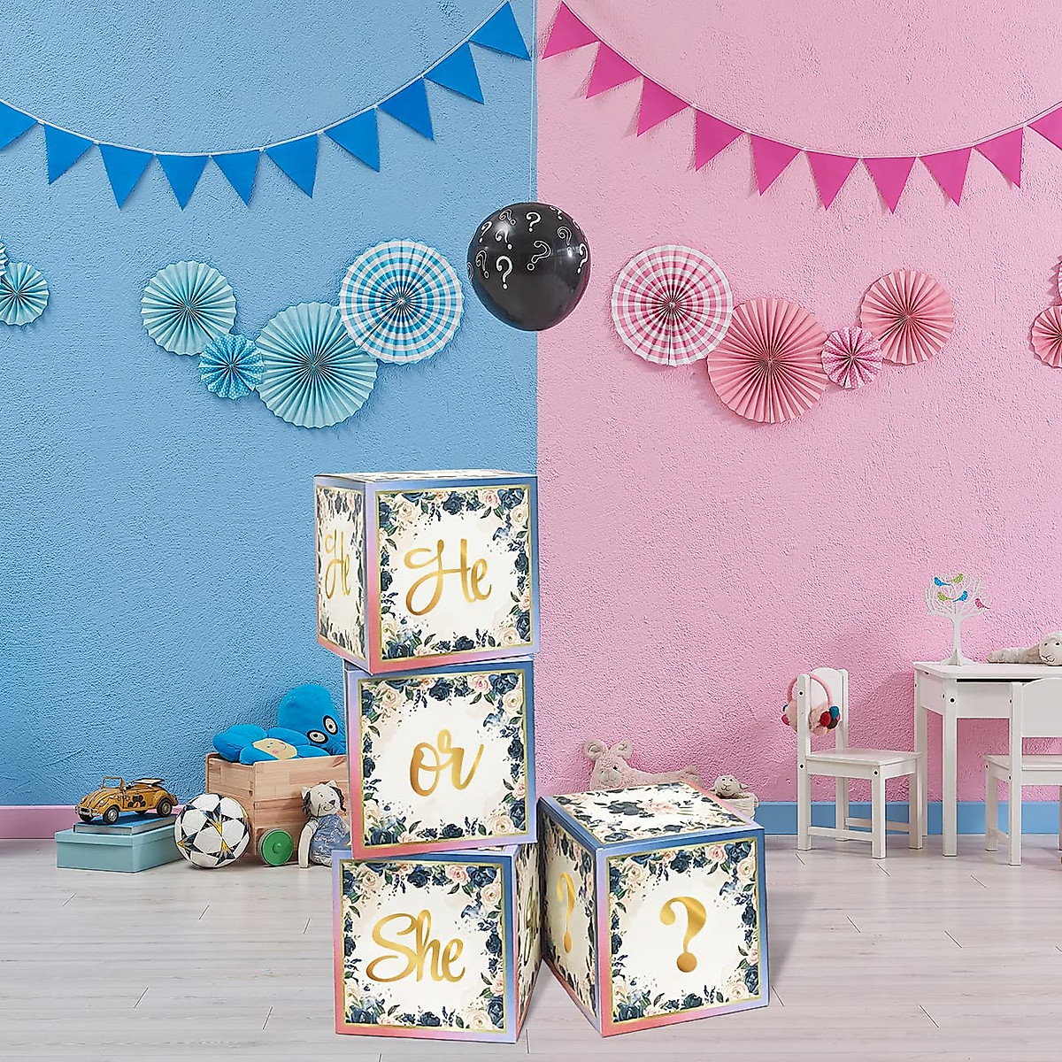 Gender Reveal Balloon Box - 4 Sets of He or She with Letters,Baby Blocks for Baby Shower Backdrop,Navy and Blush Gender Reveal Decoration Kit for Boy or Girl Baby Shower Gender Reveal Party Supplies