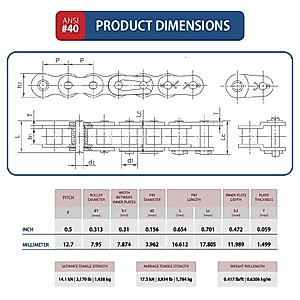 PGN #40 Roller Chain - 3 Feet + Free Connecting Link - Carbon Steel Chains for Bycicles, Mini Bikes, Motorcycles, Go-Karts, Home and Industrial Machinery - 71 Links