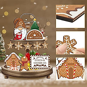 10 Pieces Christmas Tiered Tray Decor-Winter Holiday Gingerbread Themed Decor with Hot Cocoa Bar and Cute Gnomes Wooden Signs for Farmhouse Rustic Centerpiece Home Room Table Fireplace Shelf