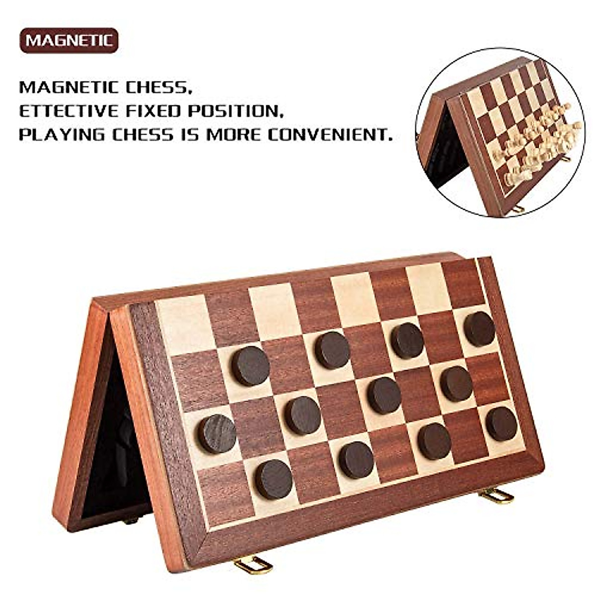 AMEROUS 15 Inches Magnetic Wooden Chess & Checkers Set (2 in 1) - Folding Board -Gift Box Packed -24 Cherkers Pieces -2 Extra Queens - Chessmen Storage Slots, Beginner Chess Set for Kids and Adults