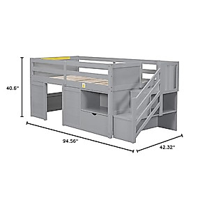 Twin Size Low Loft Bed with Play Space, Solid Wood Low Loft Bed Frame with Drawer, Shelf and Stairs Kids Loft Bed for Boys, Girls & Teens (Grey)