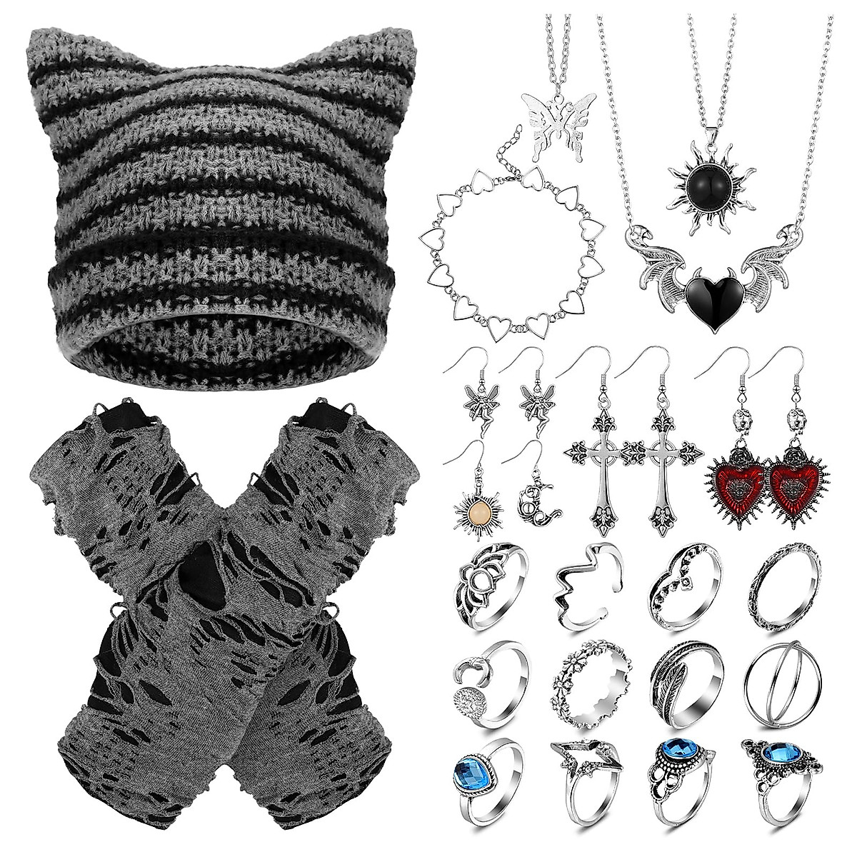 Quelay 22 Pcs Y2k Grunge Knitted Cat Beanie with Fairy Grunge Ripped Glove Earrings Necklace Rings Set Devil Horn Grunge Accessories Slouchy Hat Crochet Beanie with Ears (Black)
